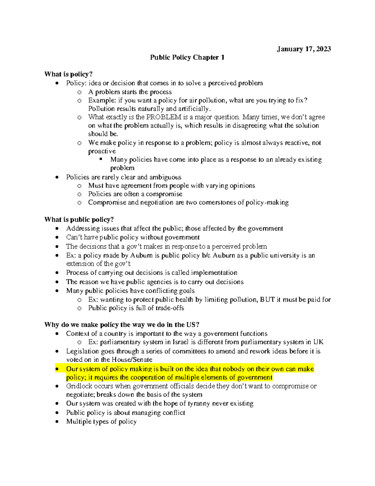 Chapter 1 POLI3270 - January 17, 2023 Public Policy Chapter 1 What is ...