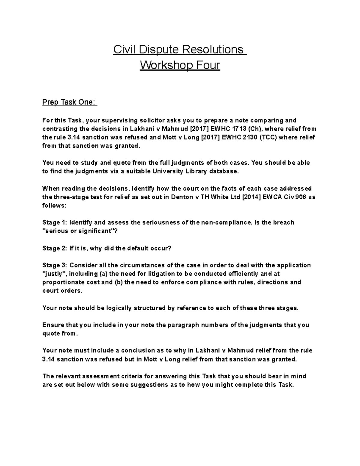 Workshop 4 CDR - Civil Dispute Resolutions Workshop Four Prep Task One ...