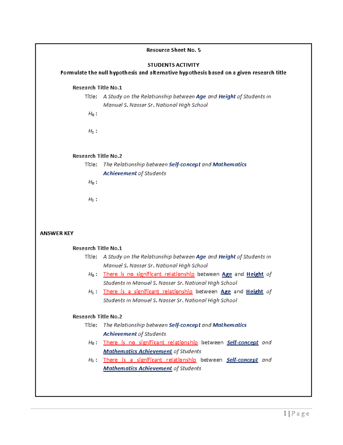Daily Lesson Log Resource Sheet - 1 | P a g e Resource Sheet No. 5 ...