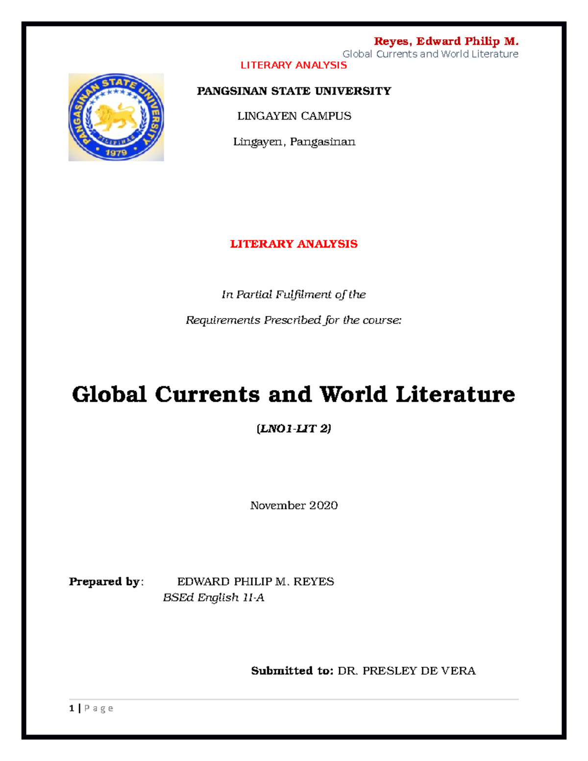 Global Litirature-Literary Analysis - BS. education - PangSU - Studocu