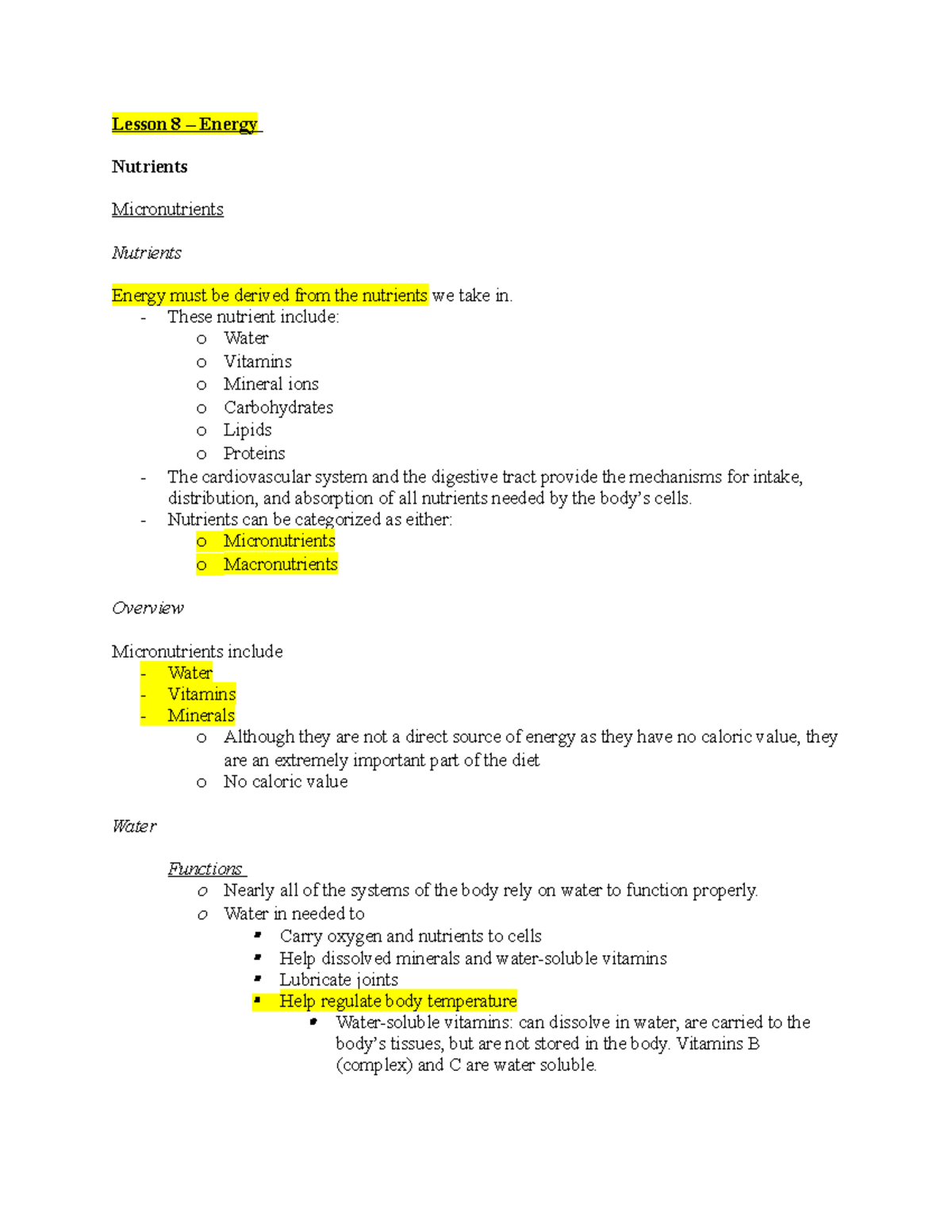 Lesson 8 - notes (EC) - Lesson 8 – Energy Nutrients Micronutrients ...