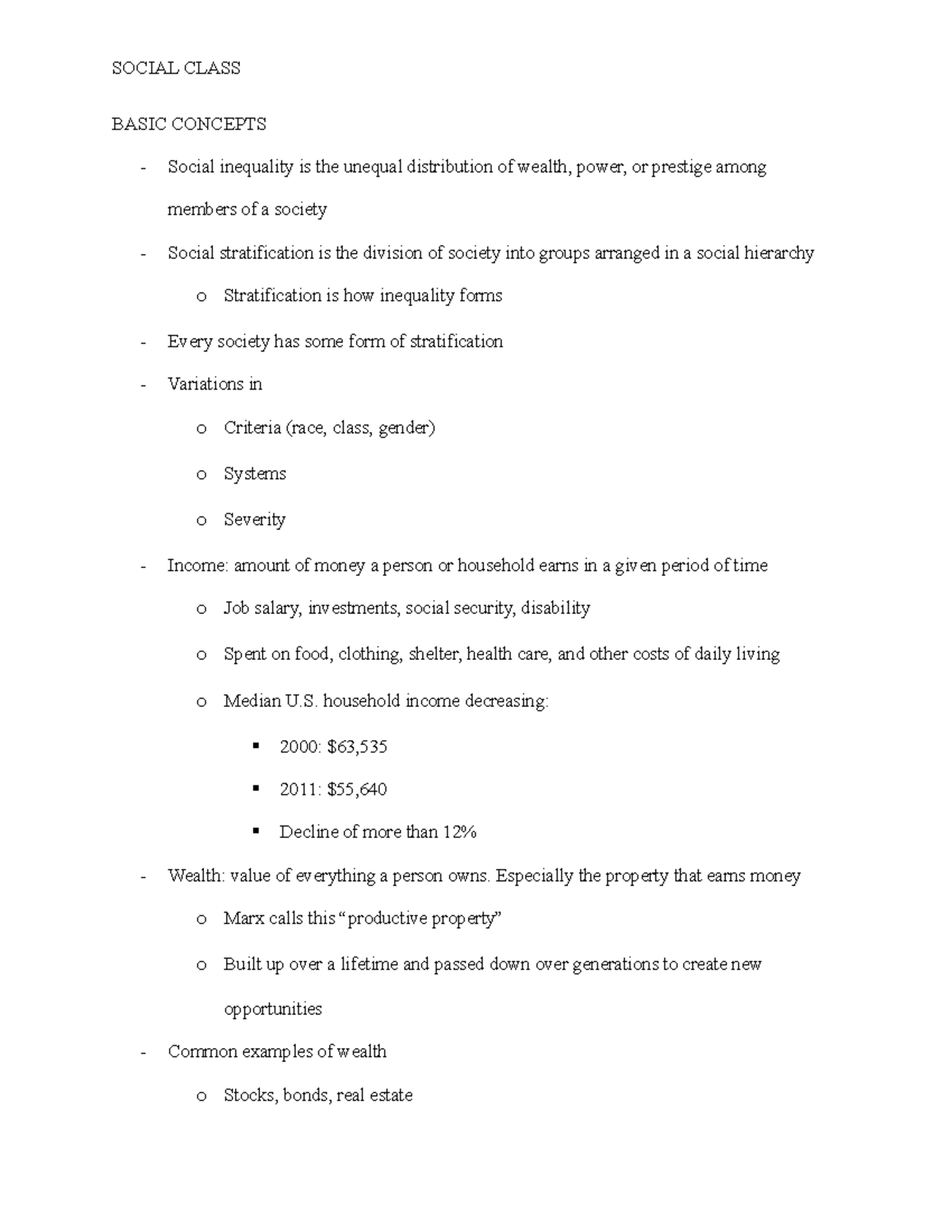 SOCY Notes 7 - social class, social inequality, positions in the class ...