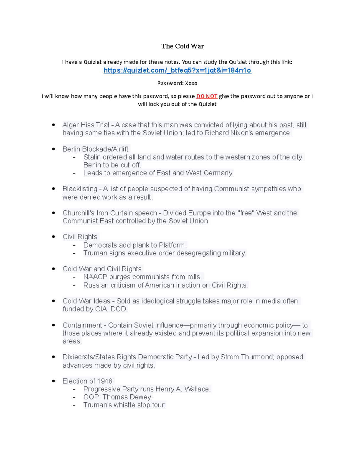 9. The Cold War - These are notes I took from the course US History ...