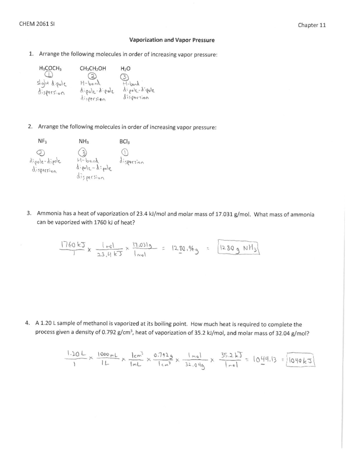11 - Vaporization and Vapor Pressure KEY - CHEM 1310 - Studocu