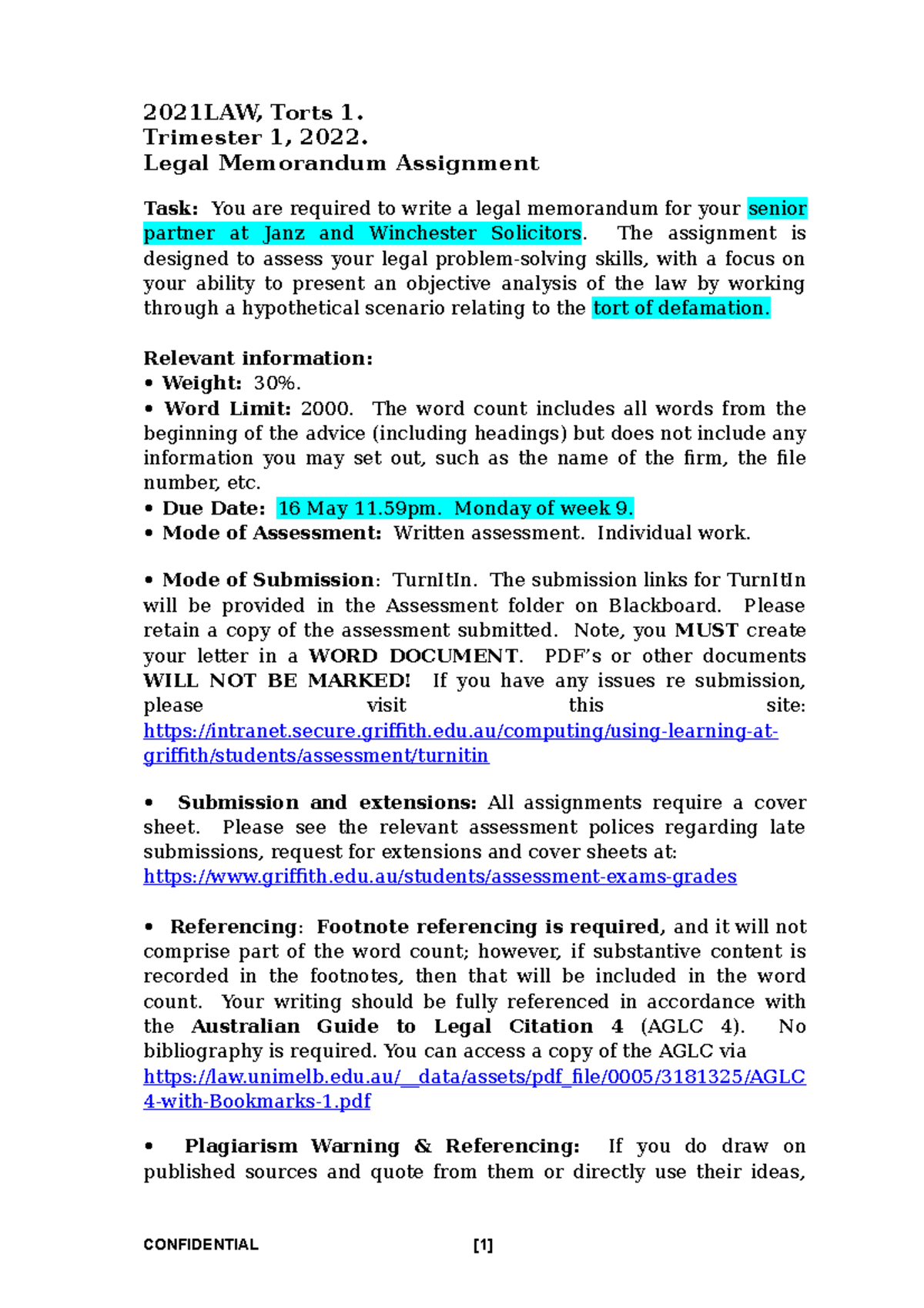 Torts 1 Defamation Legal Memoranda Assignment 2022 - 2021LAW, Torts 1. Trimester 1, 2022. Legal ...