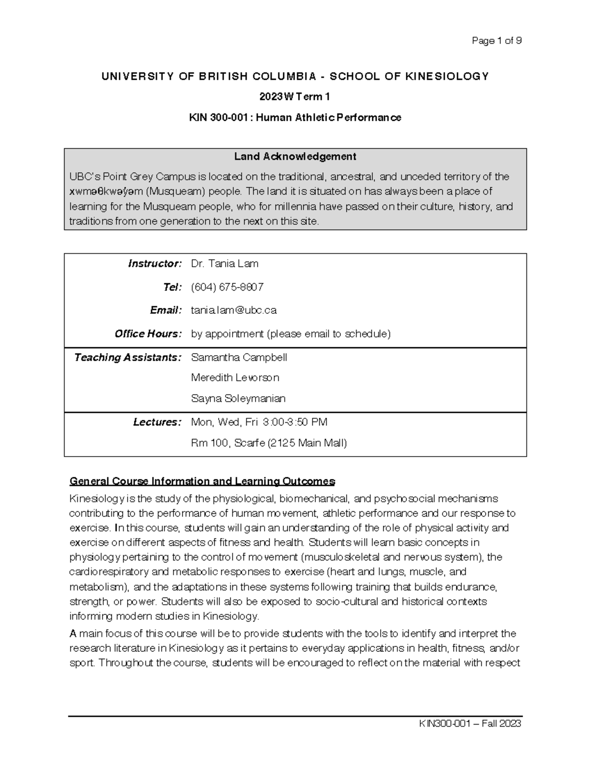 Course outline - KIN 300 Fall 2023 - UNIVERSITY OF BRITISH COLUMBIA ...
