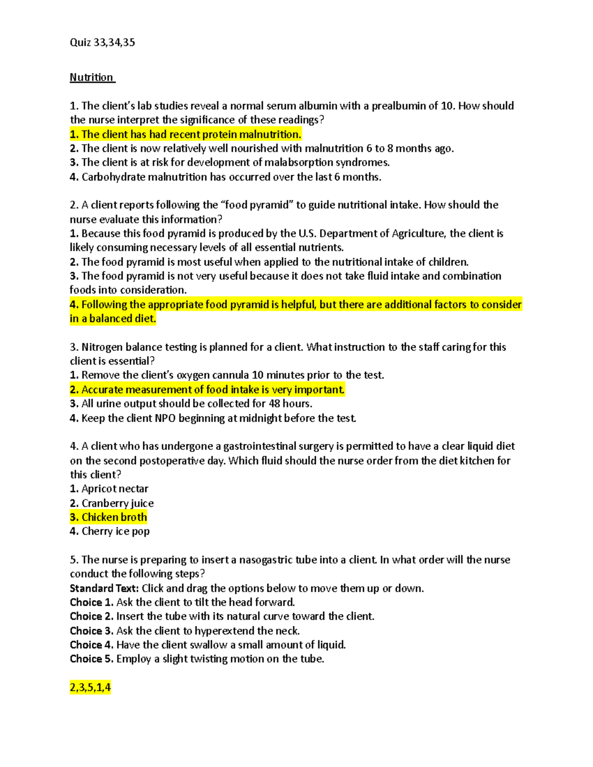 33,34,35 quiz - Quiz Questions - Nutrition The client’s lab studies ...
