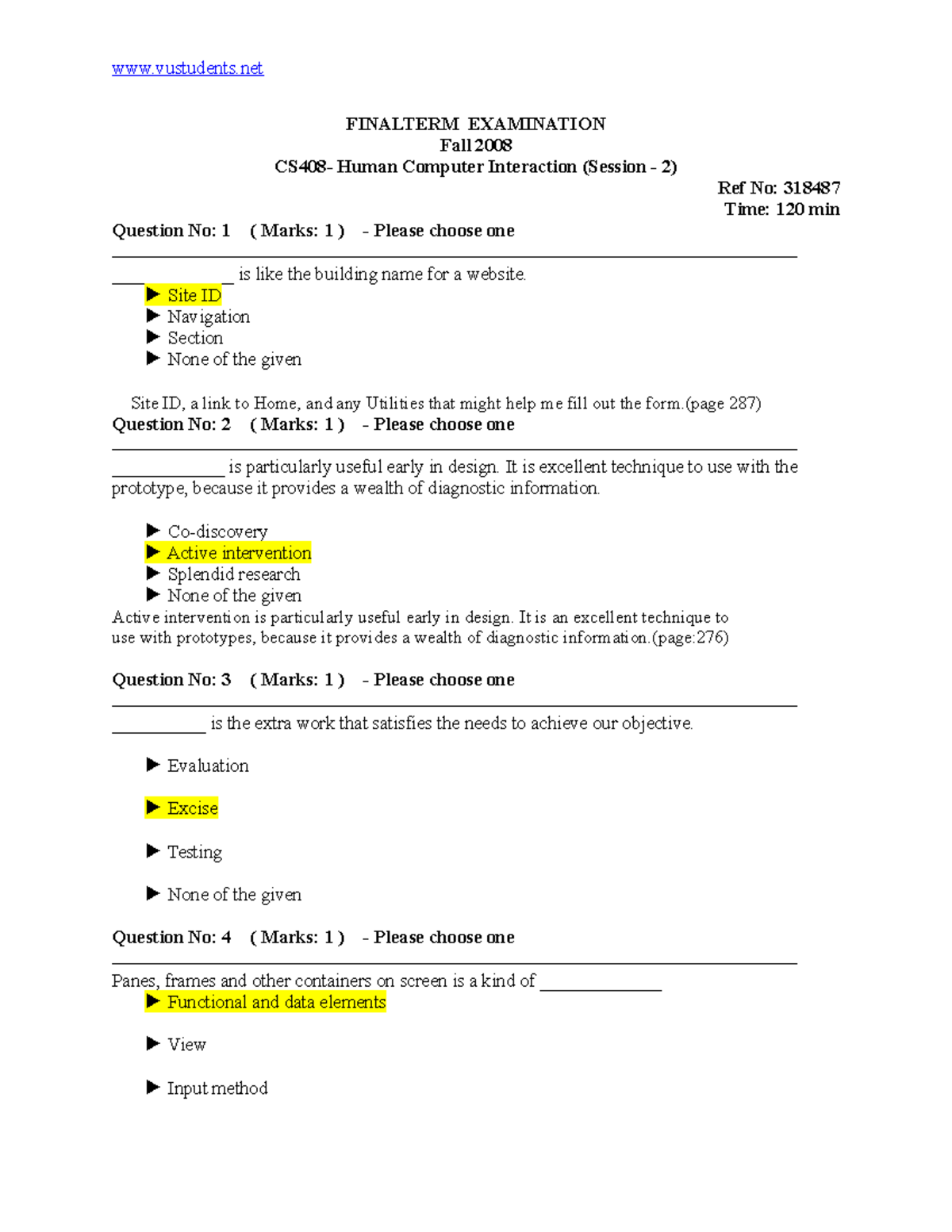 Cs408solvebyxpertfinalterm - FINALTERM EXAMINATION Fall 2008 CS408- Human Computer Interaction ...