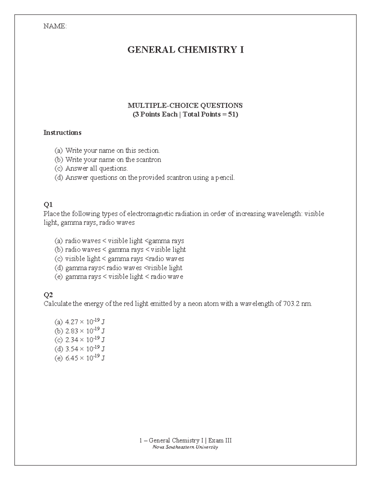 GC1 Exam III TEST Sample 01-08-20 - ± *HQHUDO &KHPLVWU\ , _ ([DP ...