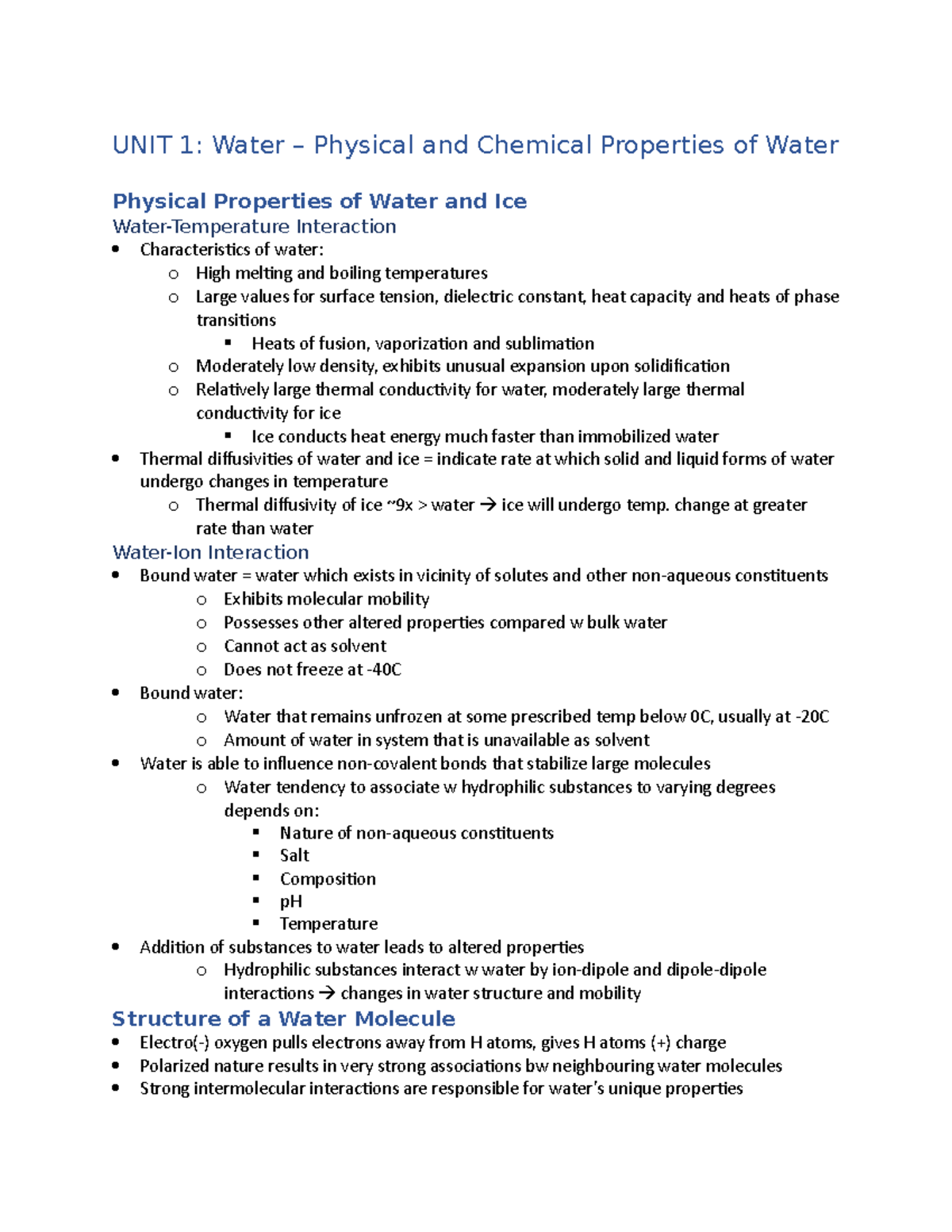 FOOD*2400 Unit 1:2-Water - UNIT 1: Water – Physical and Chemical ...