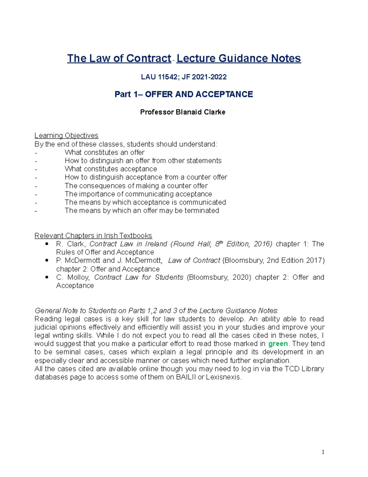 Lecture Guidance Notes 1 - Offer and Acceptance(1) - The Law of ...