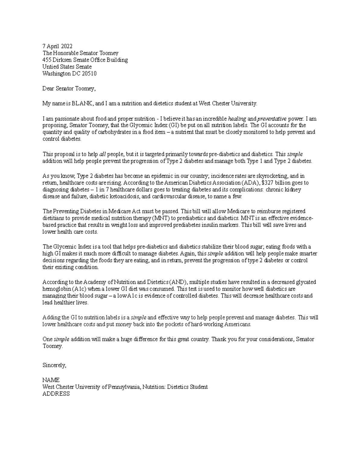 Letter to Senate - 7 April 2022 The Honorable Senator Toomey 455 ...