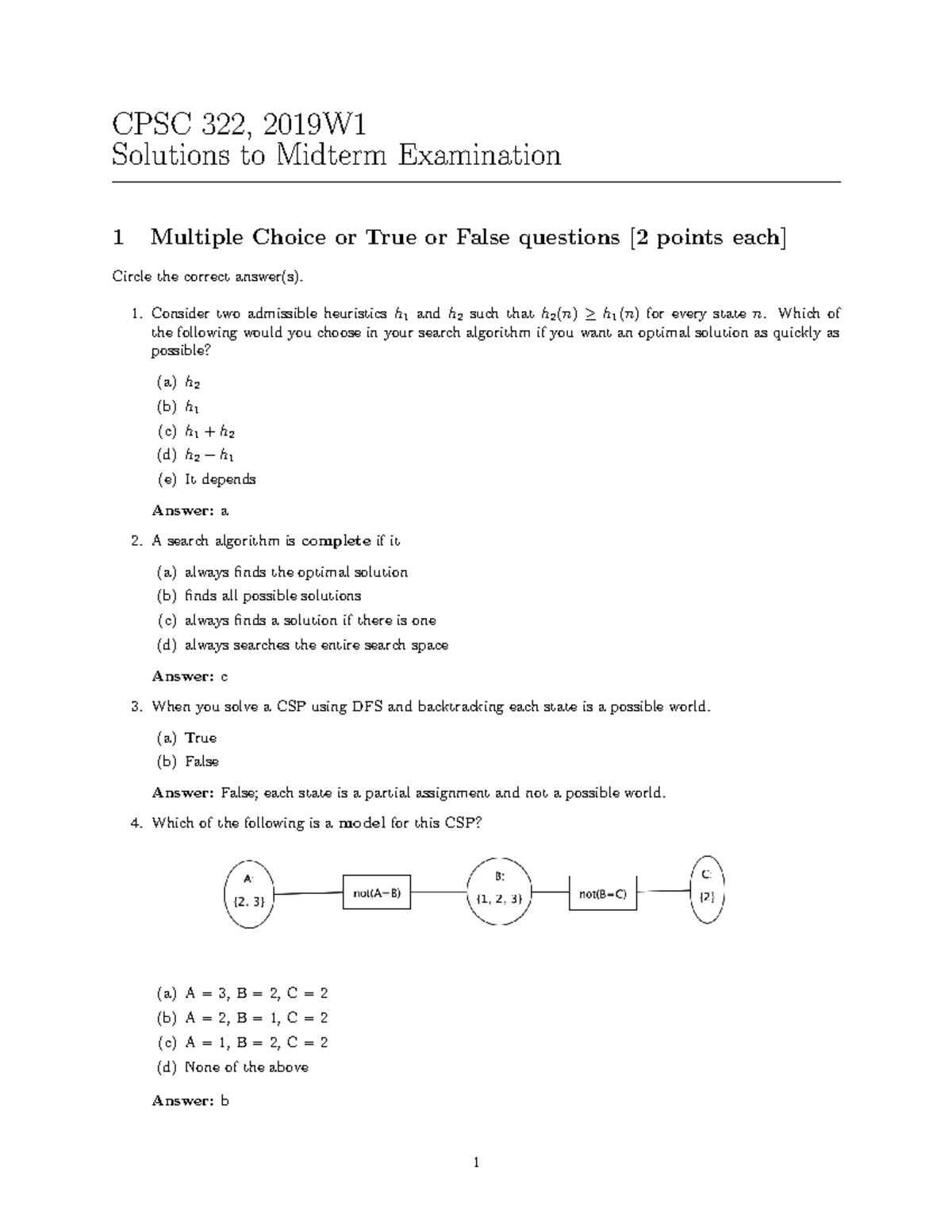 Midterm 17 October 2019, answers - CPSC 322, 2019W Solutions to Midterm ...