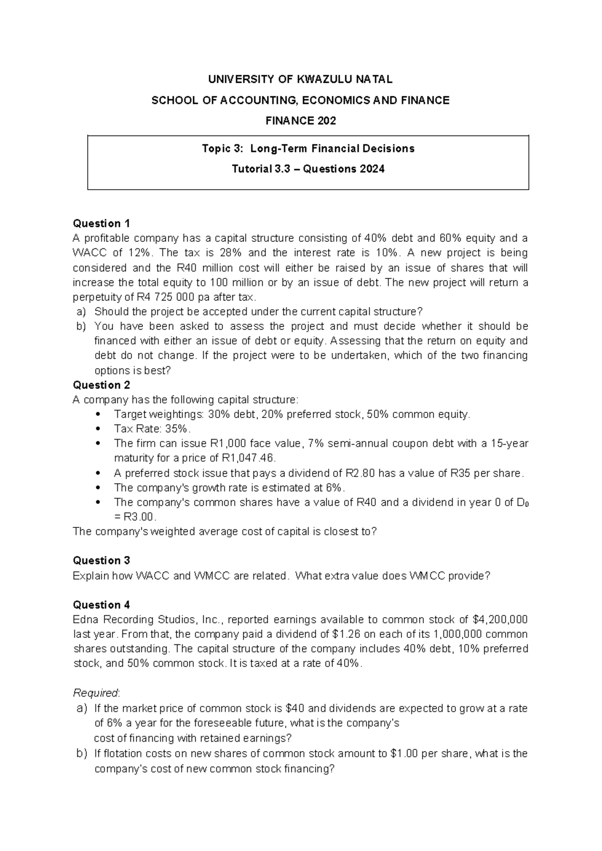 2024 Fina202 Tut 3.3 Questions - UNIVERSITY OF KWAZULU NATAL SCHOOL OF ...