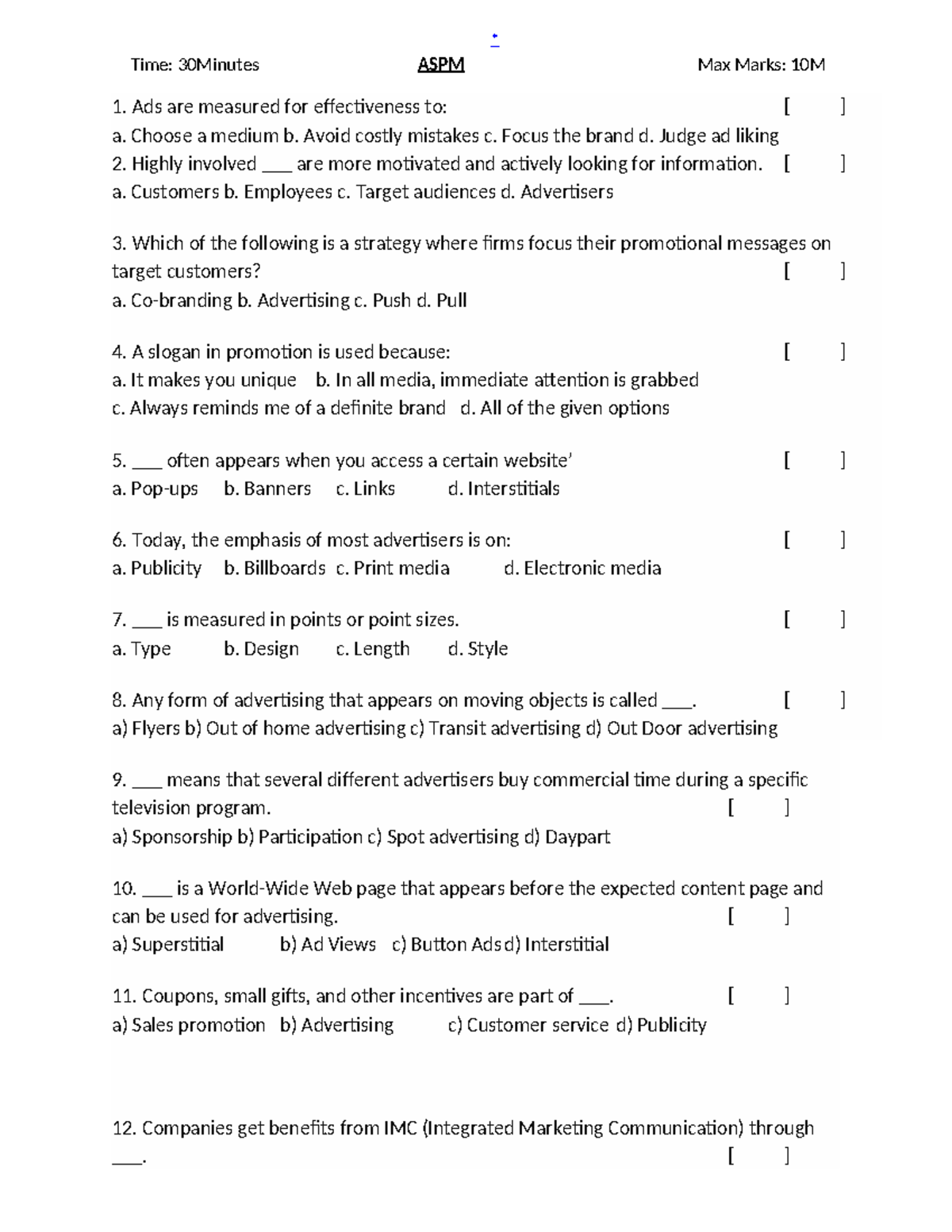 ASPM MCQs - aspm mcqs - * Time: 30Minutes ASPM Max Marks: 10M 1. Ads ...
