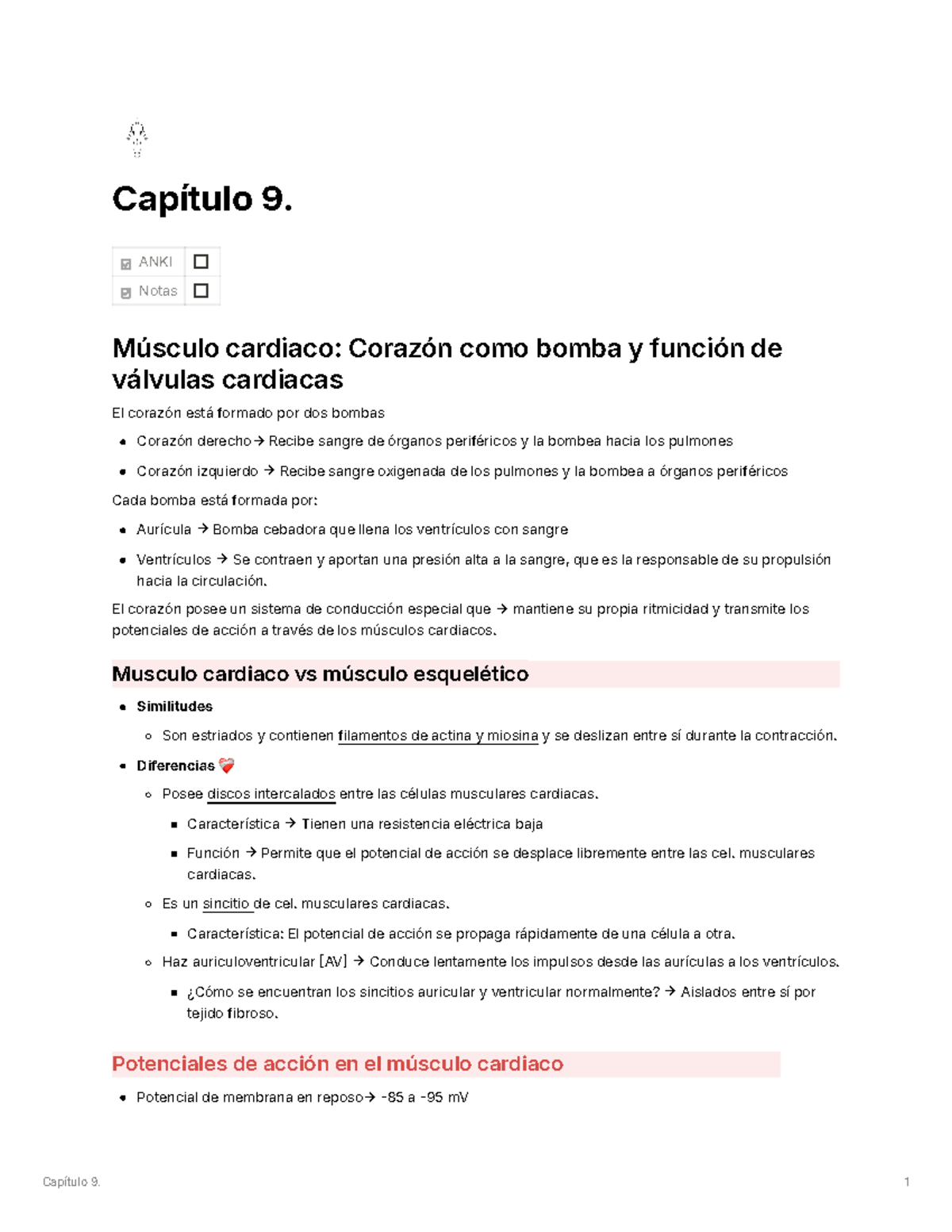 Captulo 9 - Resumen primeras paginas - Capítulo 9. 1 Capítulo 9. ANKI Notas Músculo cardiaco ...