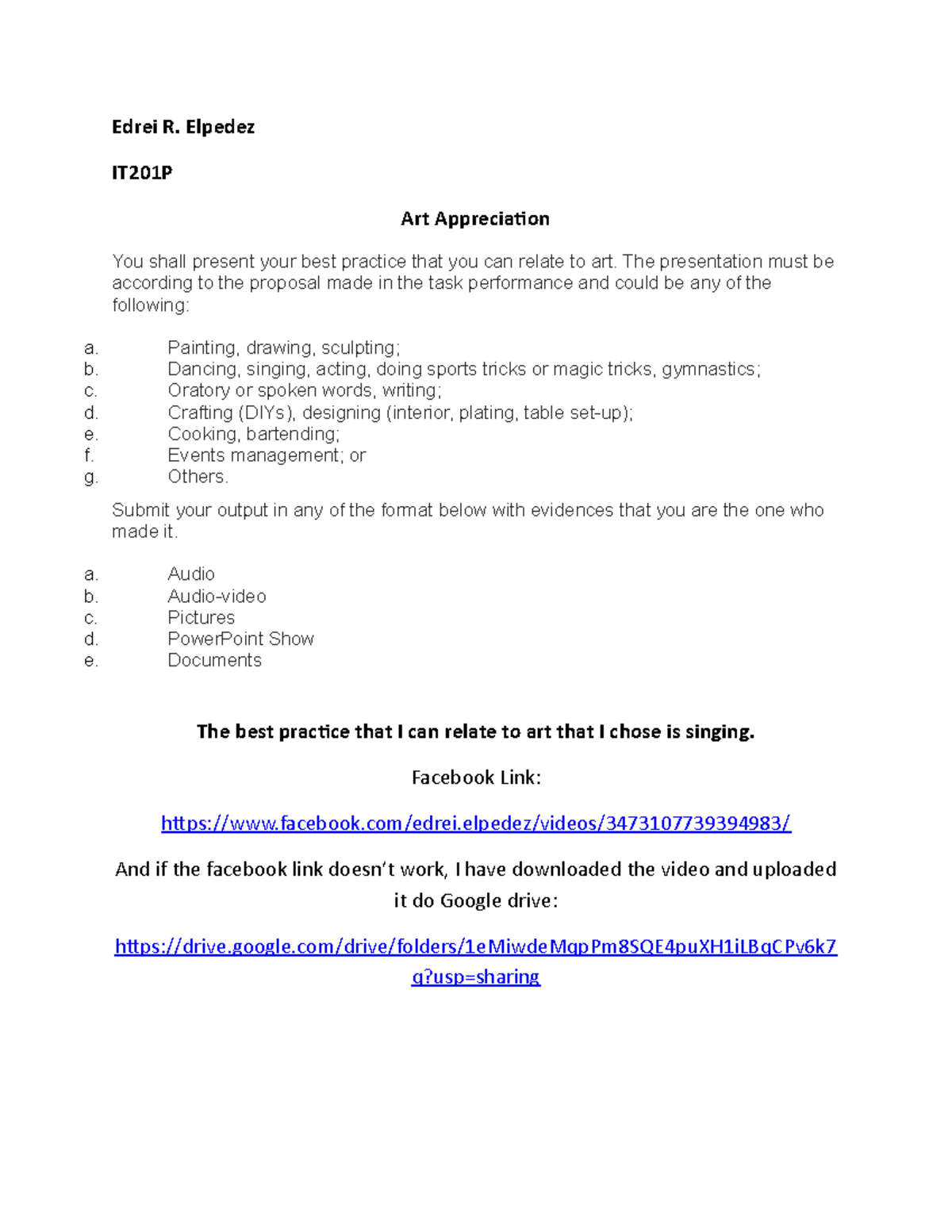 Practical Examination Art Appreciation - Edrei R. Elpedez IT201P Art ...