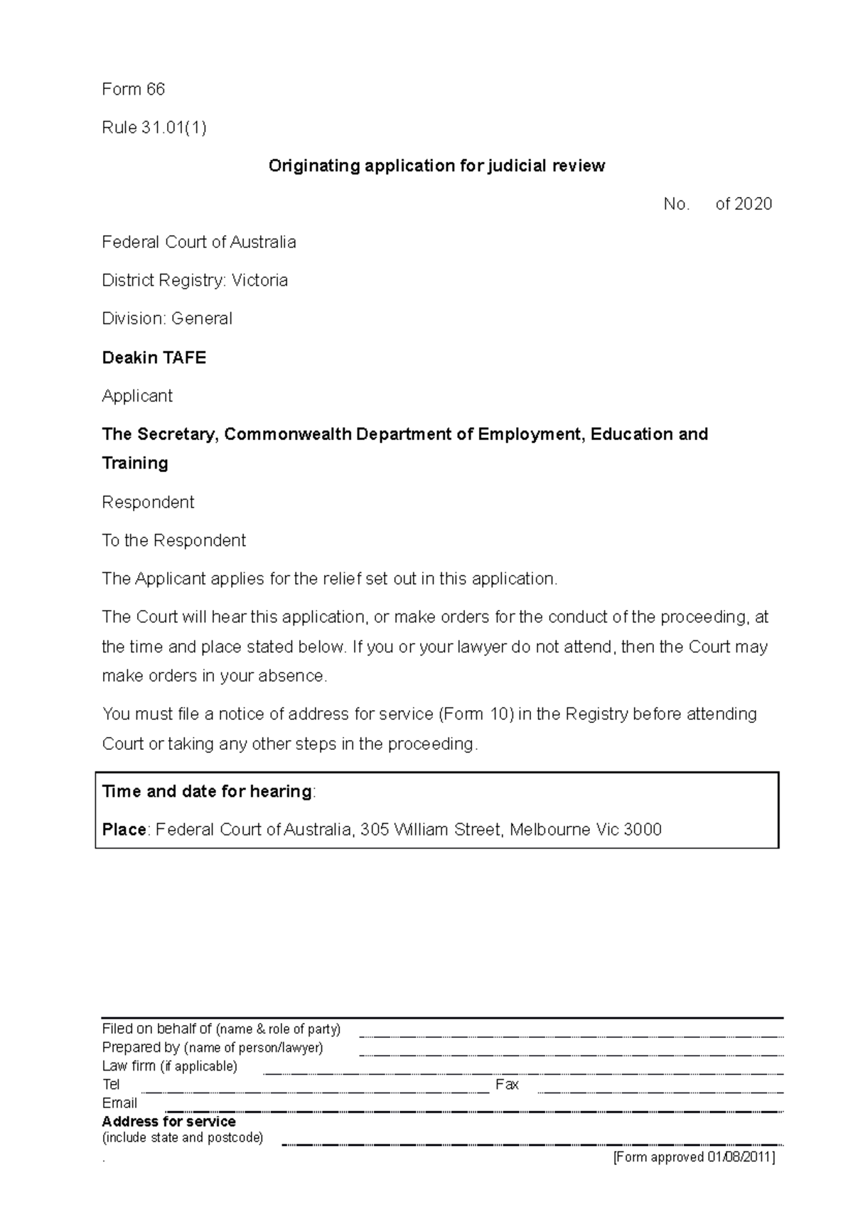 Distinction 76 - D Assignment 2020 - Form 66 Rule 31(1) Originating ...