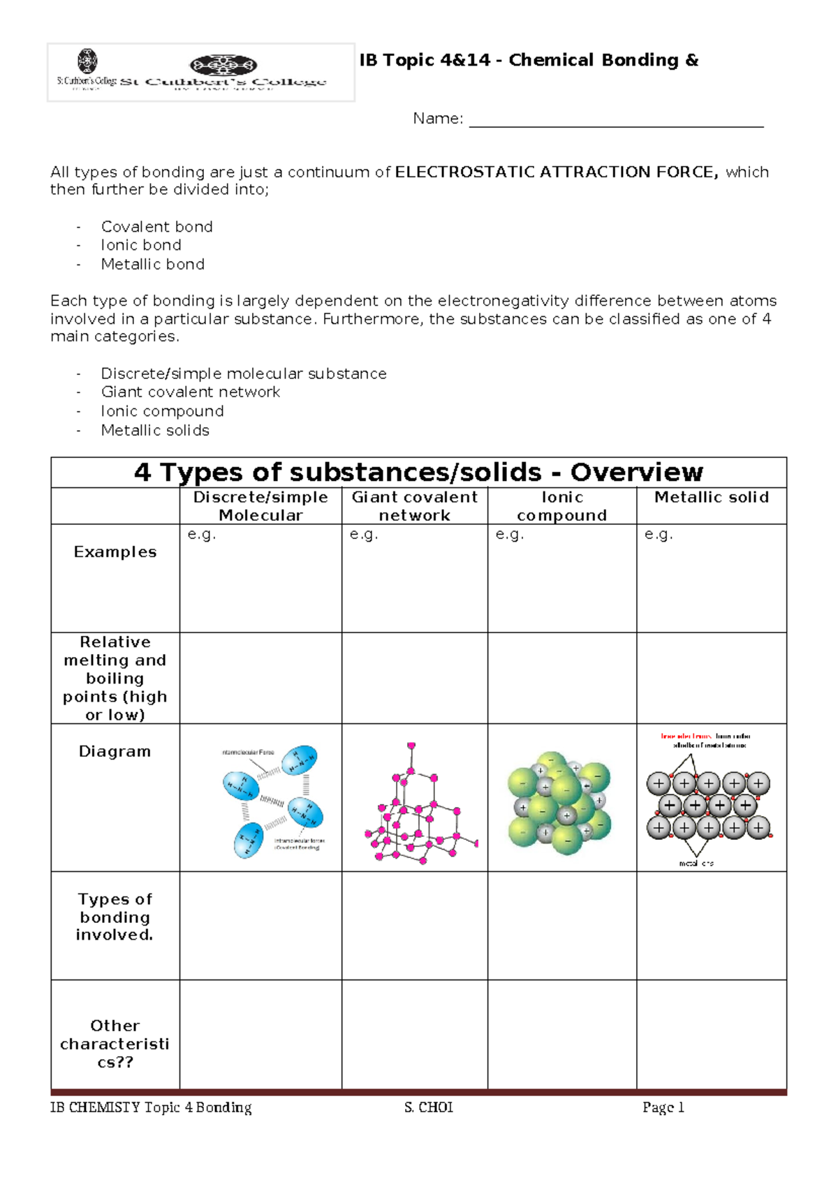 IB Topic 4 & 14 Bondings Student Notes SL & HL - IB Topic 4&14 ...