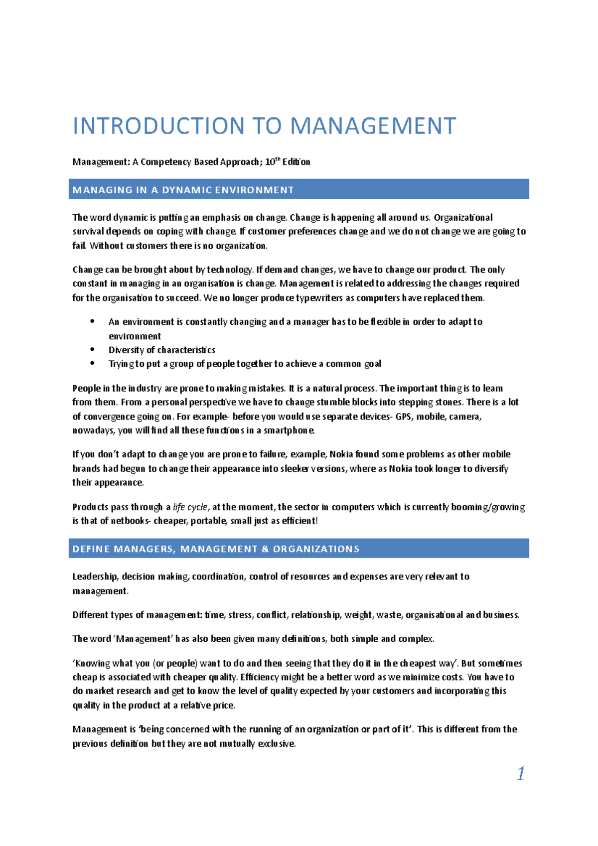 Management Notes - INTRODUCTION TO MANAGEMENT Management: A Competency ...