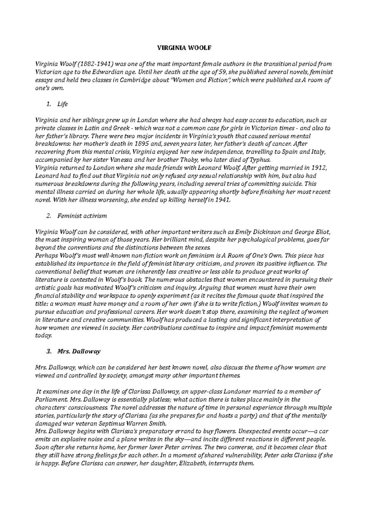 Virginia Woolf riassunto - VIRGINIA WOOLF Virginia Woolf (1882-1941 ...