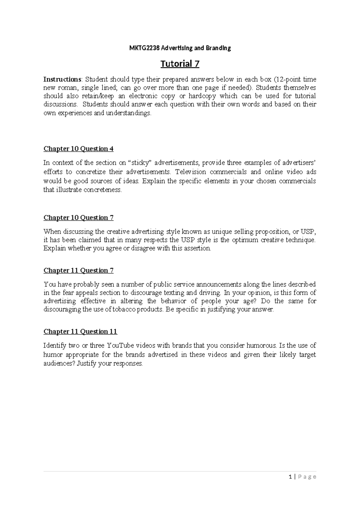 Tutorial 7 - MKTG2238 Advertising and Branding Tutorial 7 Instructions ...