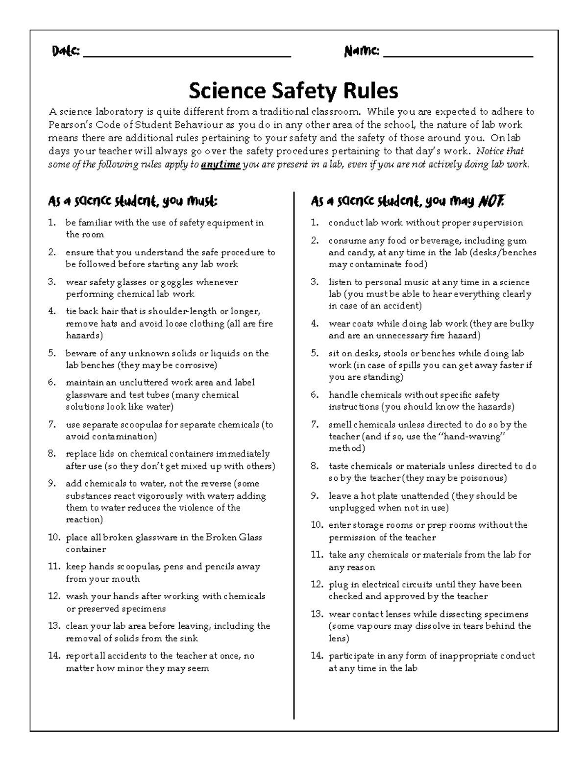 Lab Safety Rules and Contract Updated - Date: Name: Science Safety ...