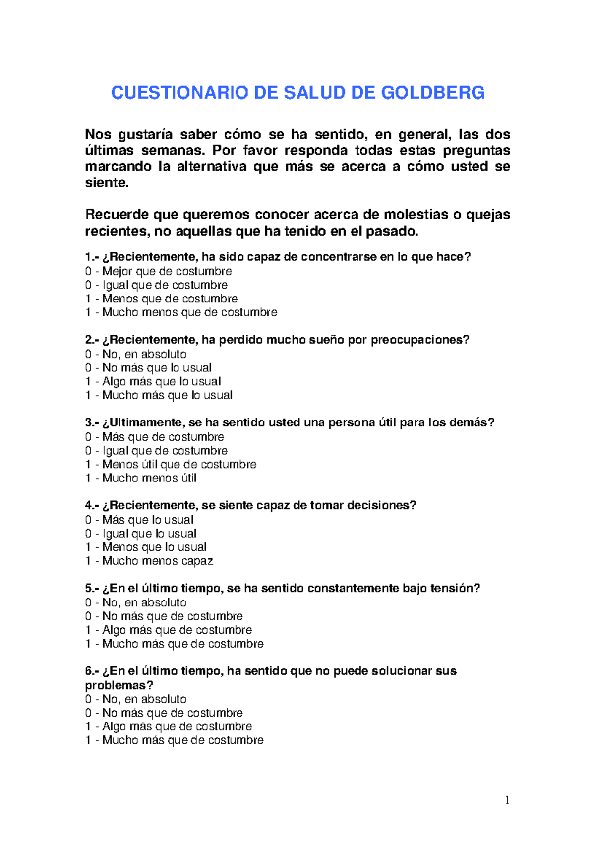 Cuestionario de salud de Golberg - 1 CUESTIONARIO DE SALUD DE GOLDBERG ...