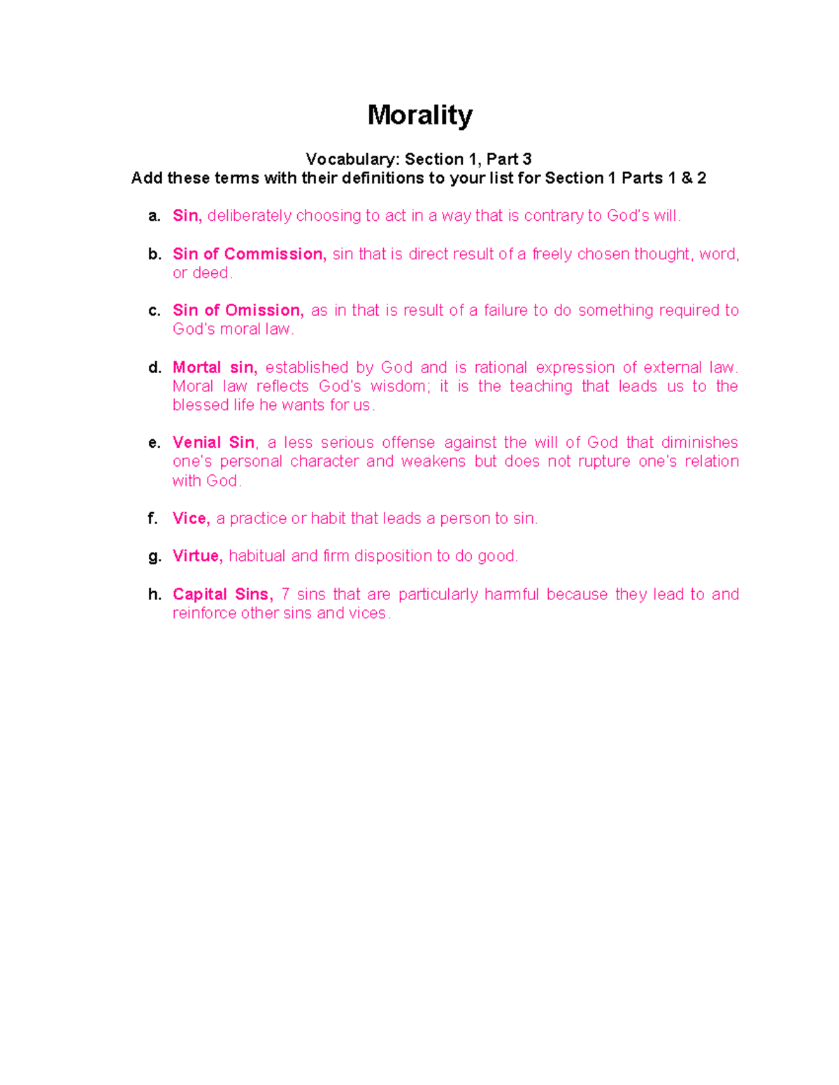 Vocabulary Morality Section 1 Part 3 without Definitions - Morality ...