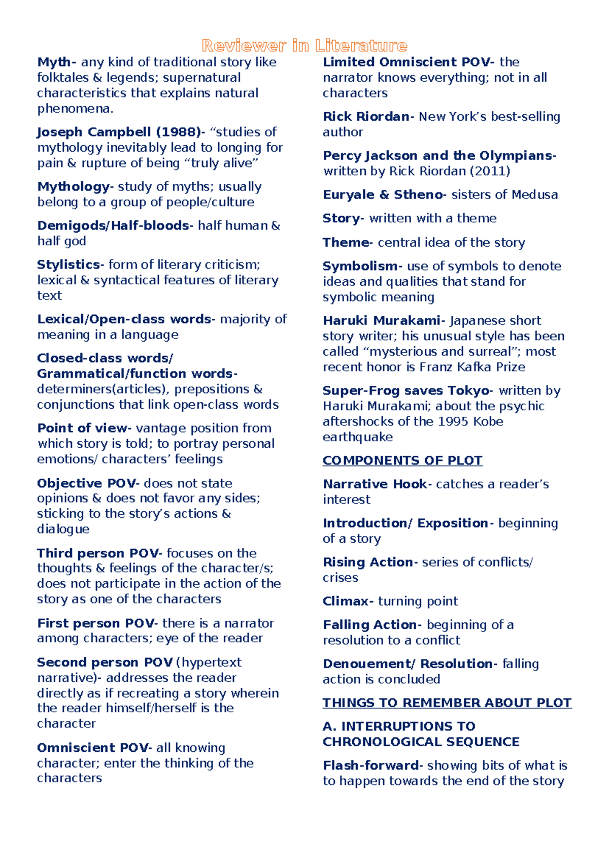 Lit reviewer - about myths - Myth- any kind of traditional story like ...