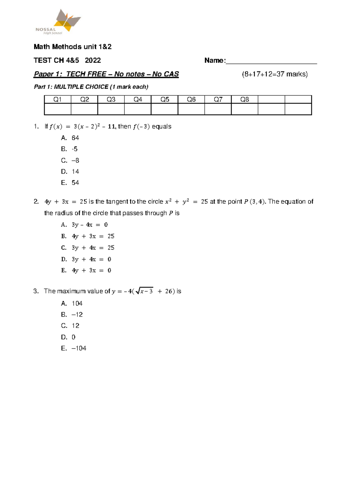 MM 1&2 TEST Functions 2022 Final - Math Methods unit 1& TEST CH 4&5 ...
