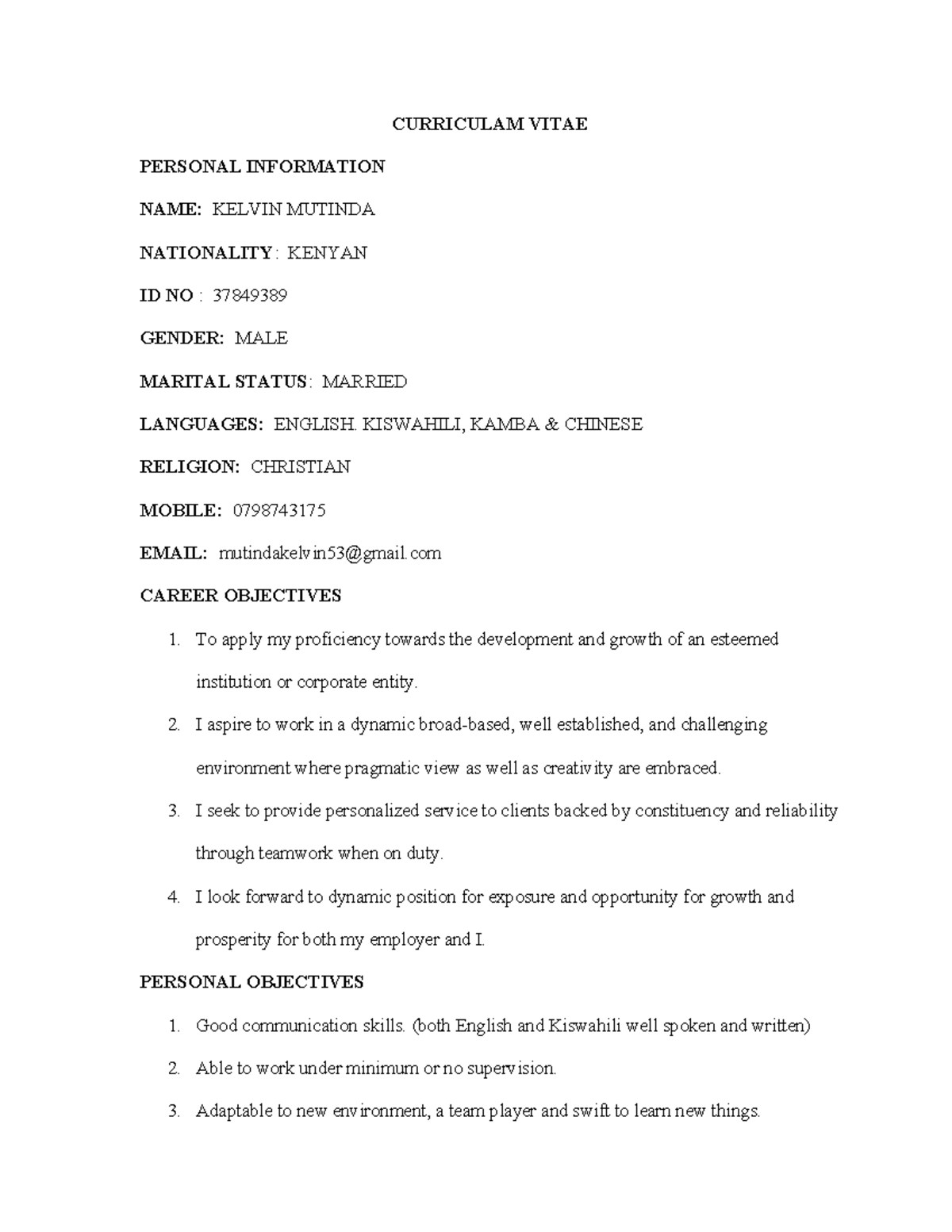 Country BOY CV - Best notes - CURRICULAM VITAE PERSONAL INFORMATION ...