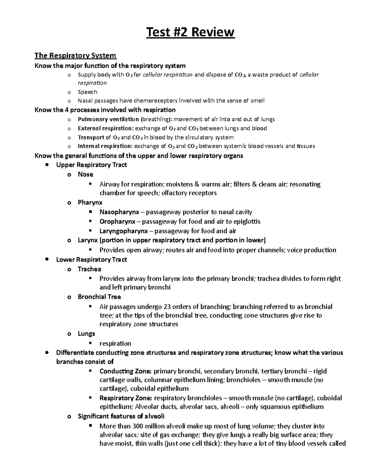 BIO 2402 Exam 2 Checklist 2.04.18 PM - Test #2 Review The Respiratory ...