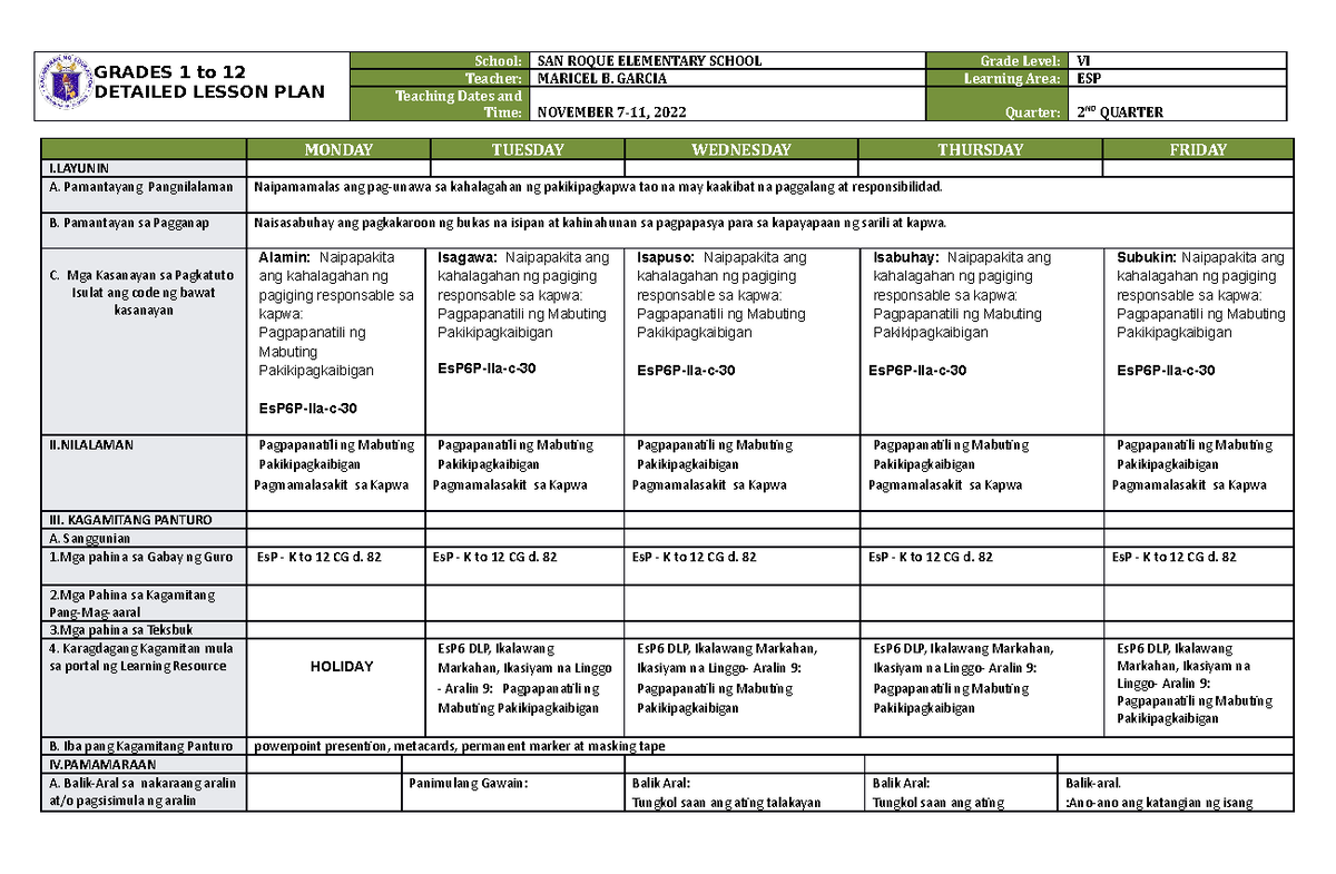 DLP ESP-6 Q2 W2 - english - GRADES 1 to 12 DETAILED LESSON PLAN School ...