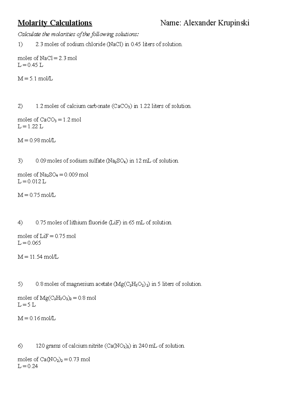 Molarity and Dilutions practice - Molarity Calculations Name: Alexander ...