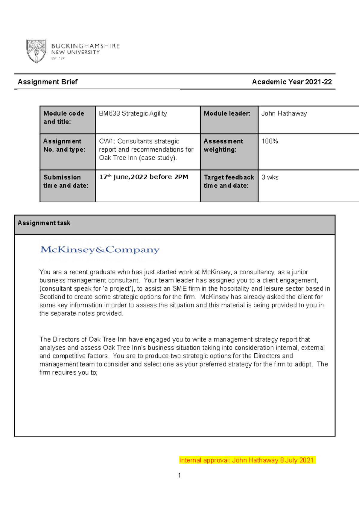 BM633 Strategic Agility CW1 Assignment Brief 2022 Approved - Assignment Brief Academic Year 2021 ...
