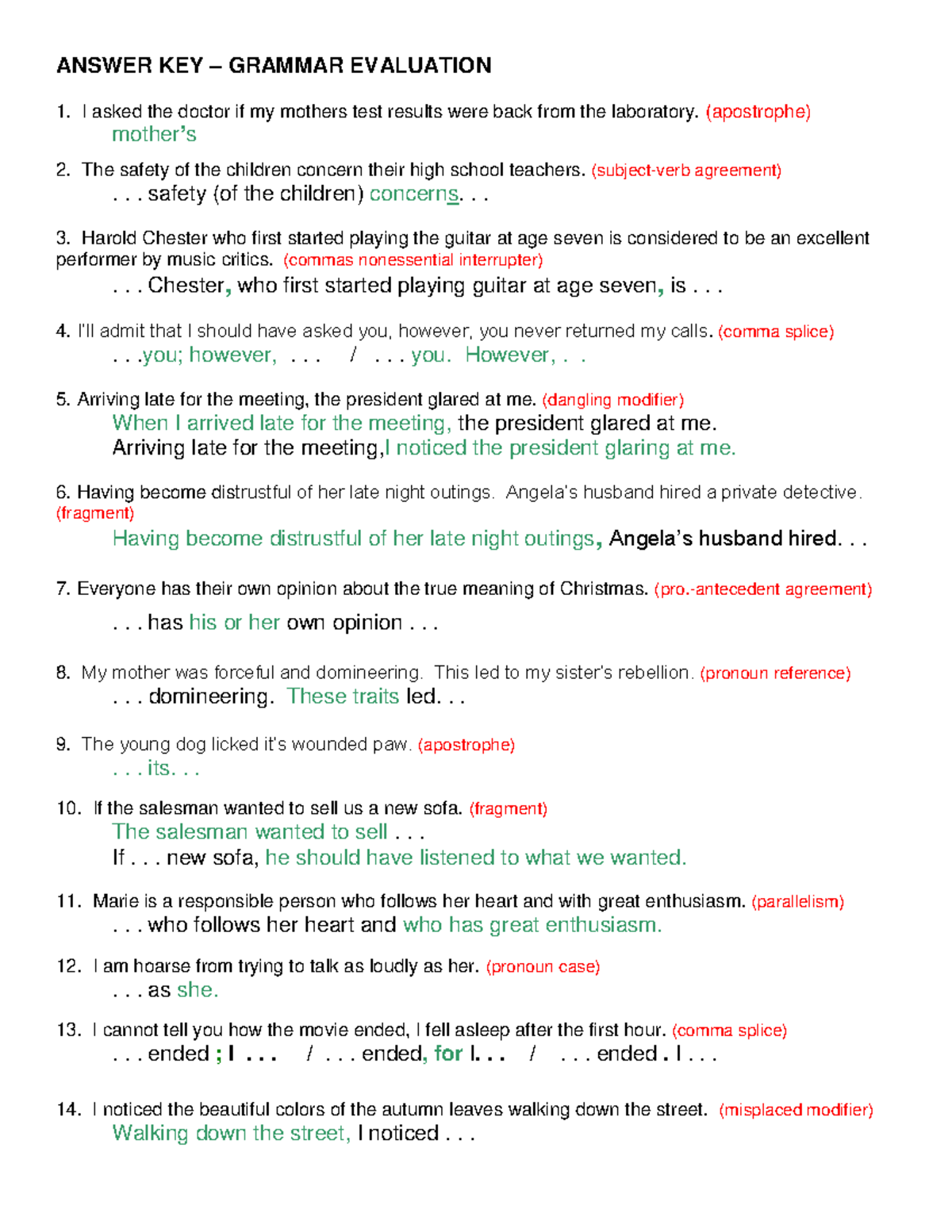 Answer Key Grammar Eval 2 - ANSWER KEY – GRAMMAR EVALUATION I asked the ...