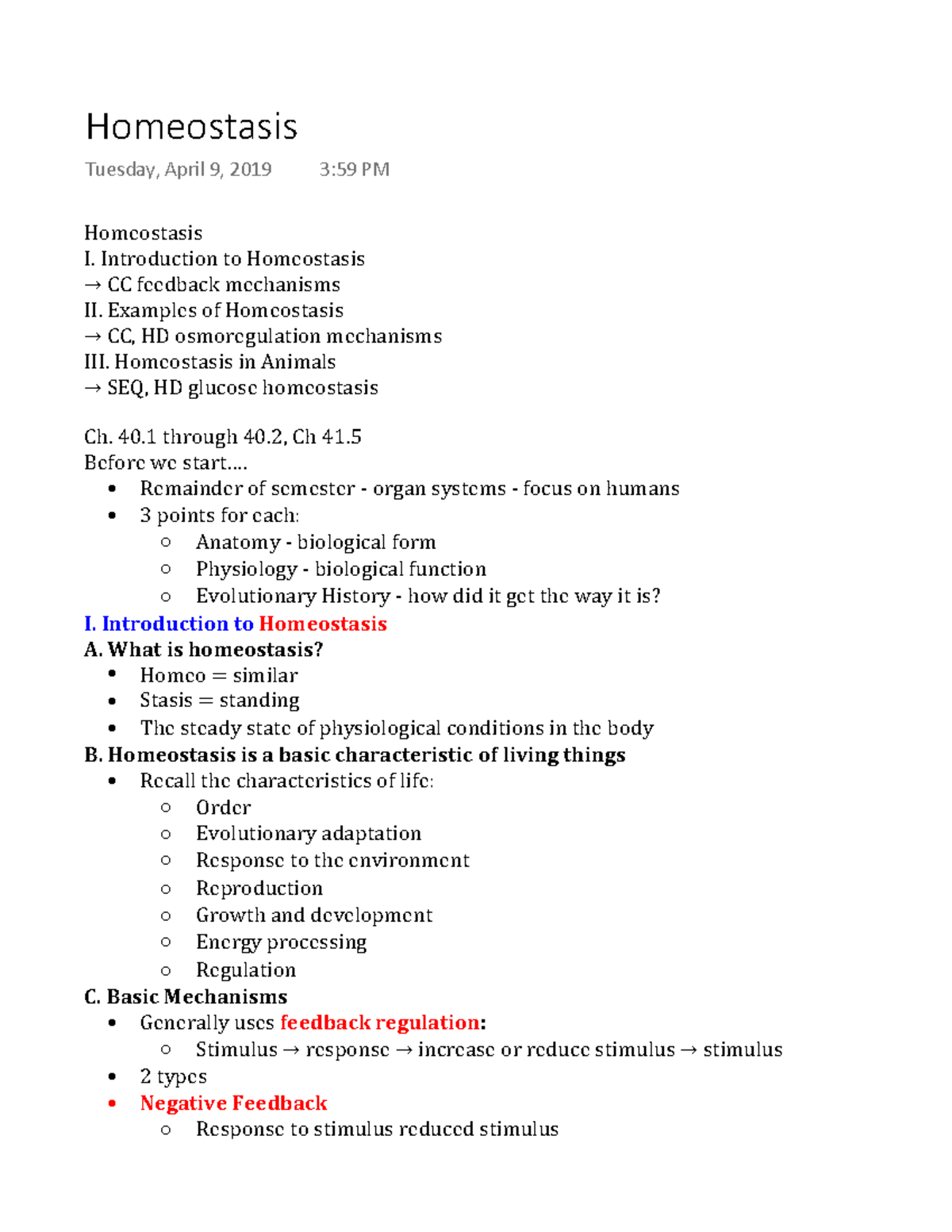 Homeostasis - Lecture notes 11 - Homeostasis Tuesday, April 9, 2019 3: ...