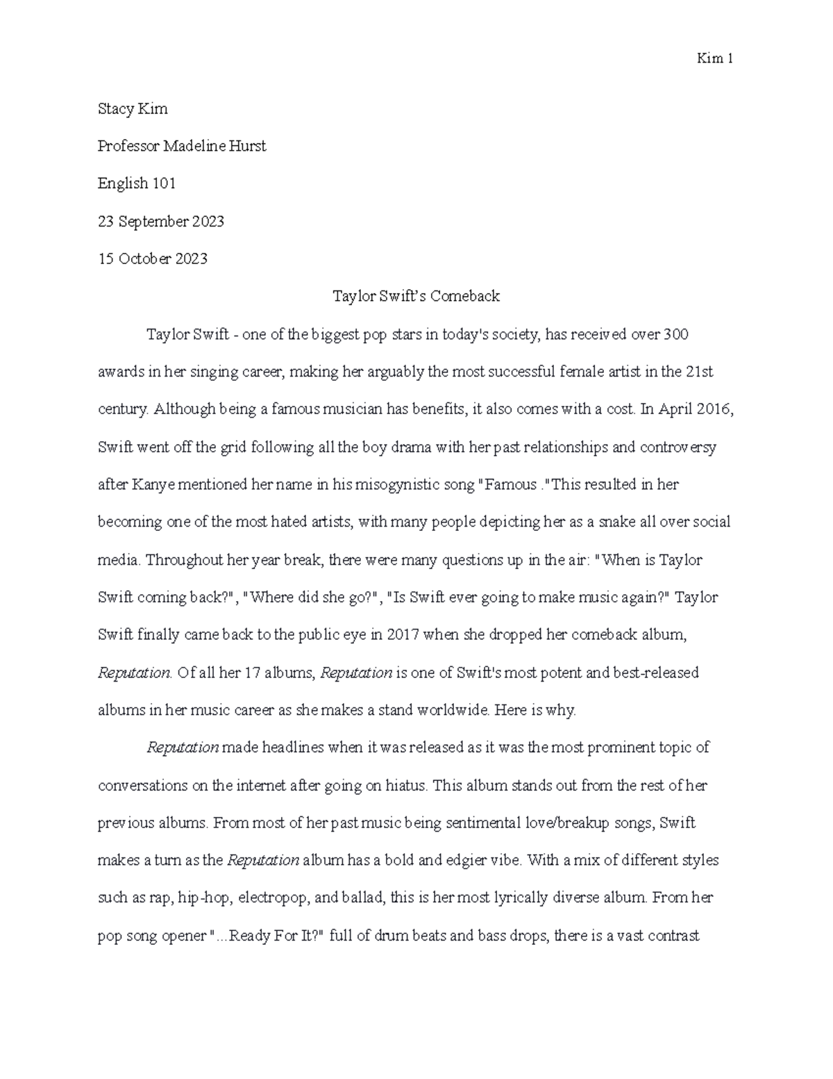 Evaluative Essay - Stacy Kim Professor Madeline Hurst English 101 23 ...
