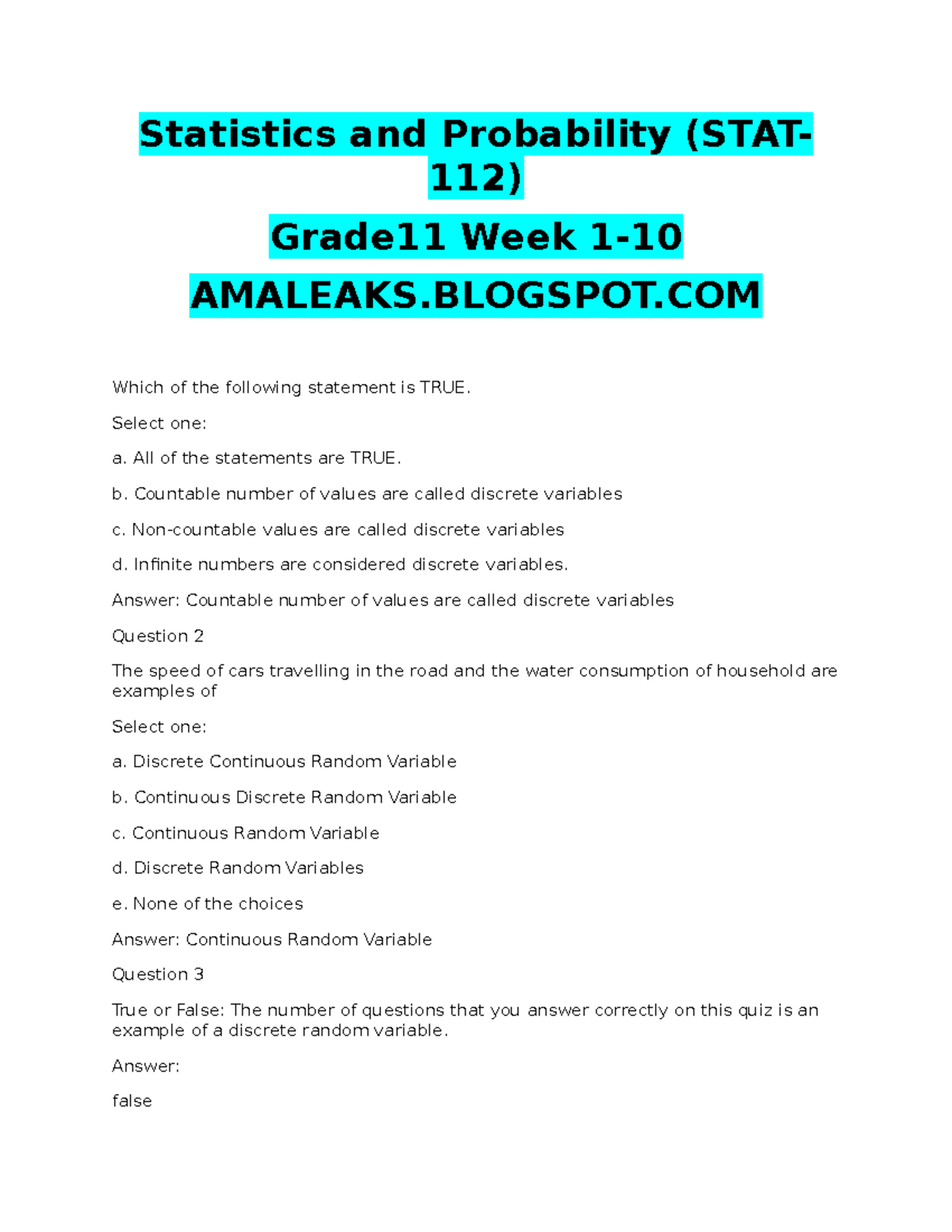 Statistics (STAT-112) - Grade 11 Week 1-10 - Statistics and Probability (STAT- 112) Grade11 Week ...