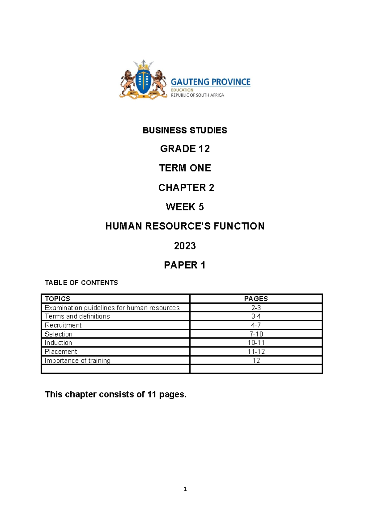2023 WEEK 5 Grade 12 H R - Notes - BUSINESS STUDIES GRADE 12 TERM ONE ...