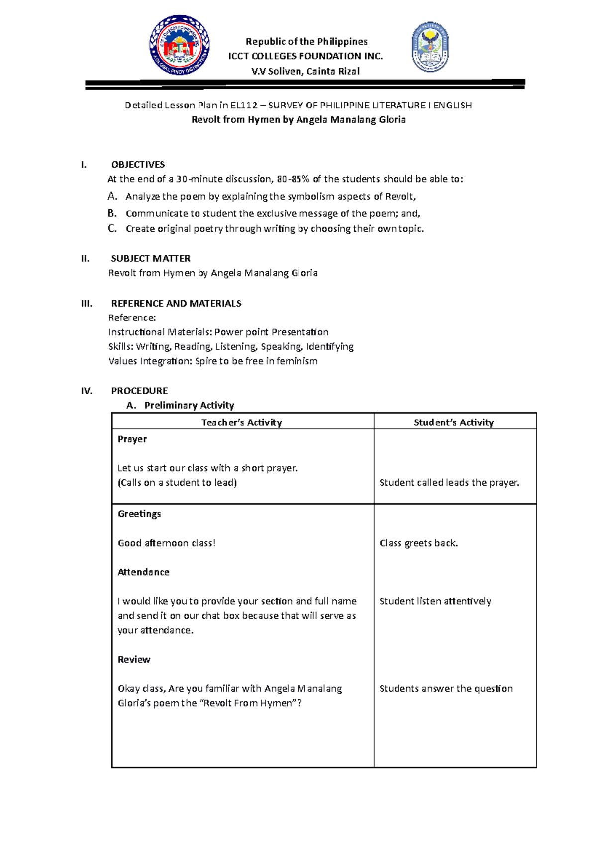 Detailed Lesson PLAN E112 - ICCT COLLEGES FOUNDATION INC. V Soliven ...