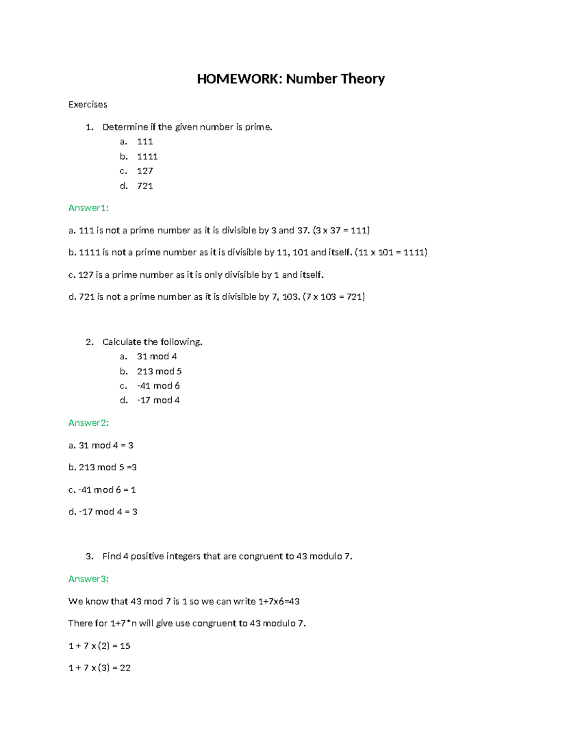 Homework Number Theory - HOMEWORK: Number Theory Exercises 1. Determine ...