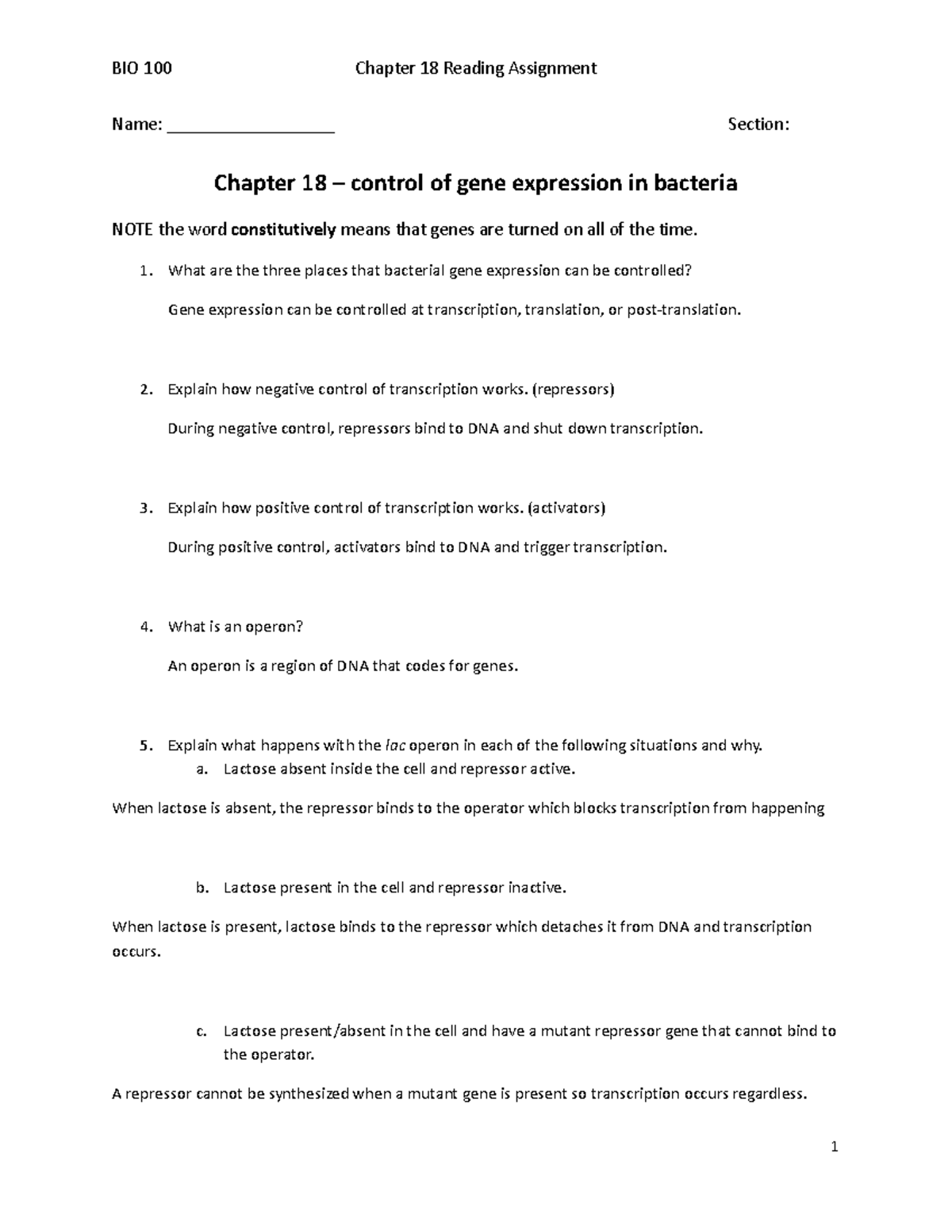 Chapter 18 Gene Expression HW - BIO 100 Chapter 18 Reading Assignment ...
