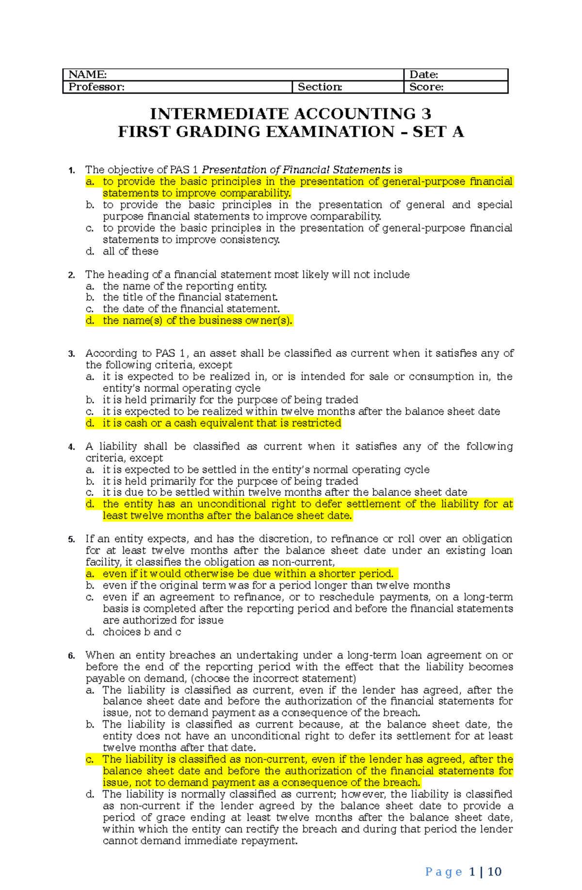 P1 Exams SET A - Intermediate Accounting 4 sample questions - NAME ...