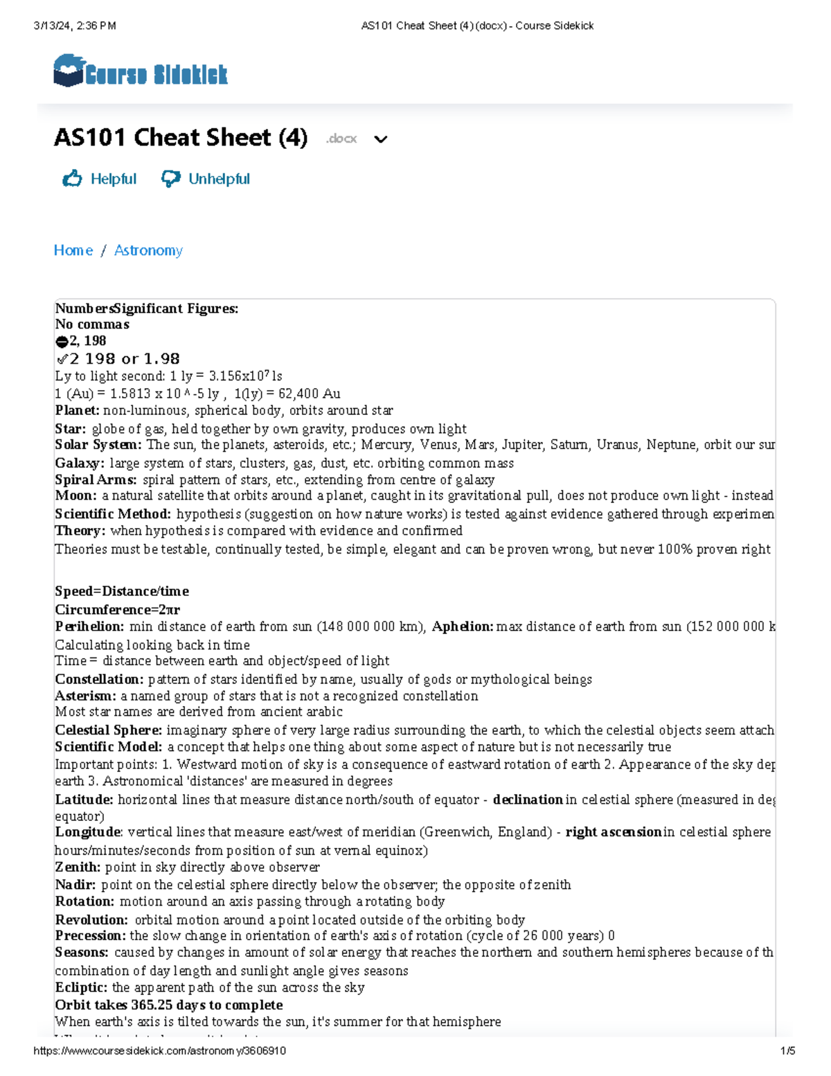 AS101 Cheat Sheet - docx Helpful Unhelpful Home / Astronomy ...