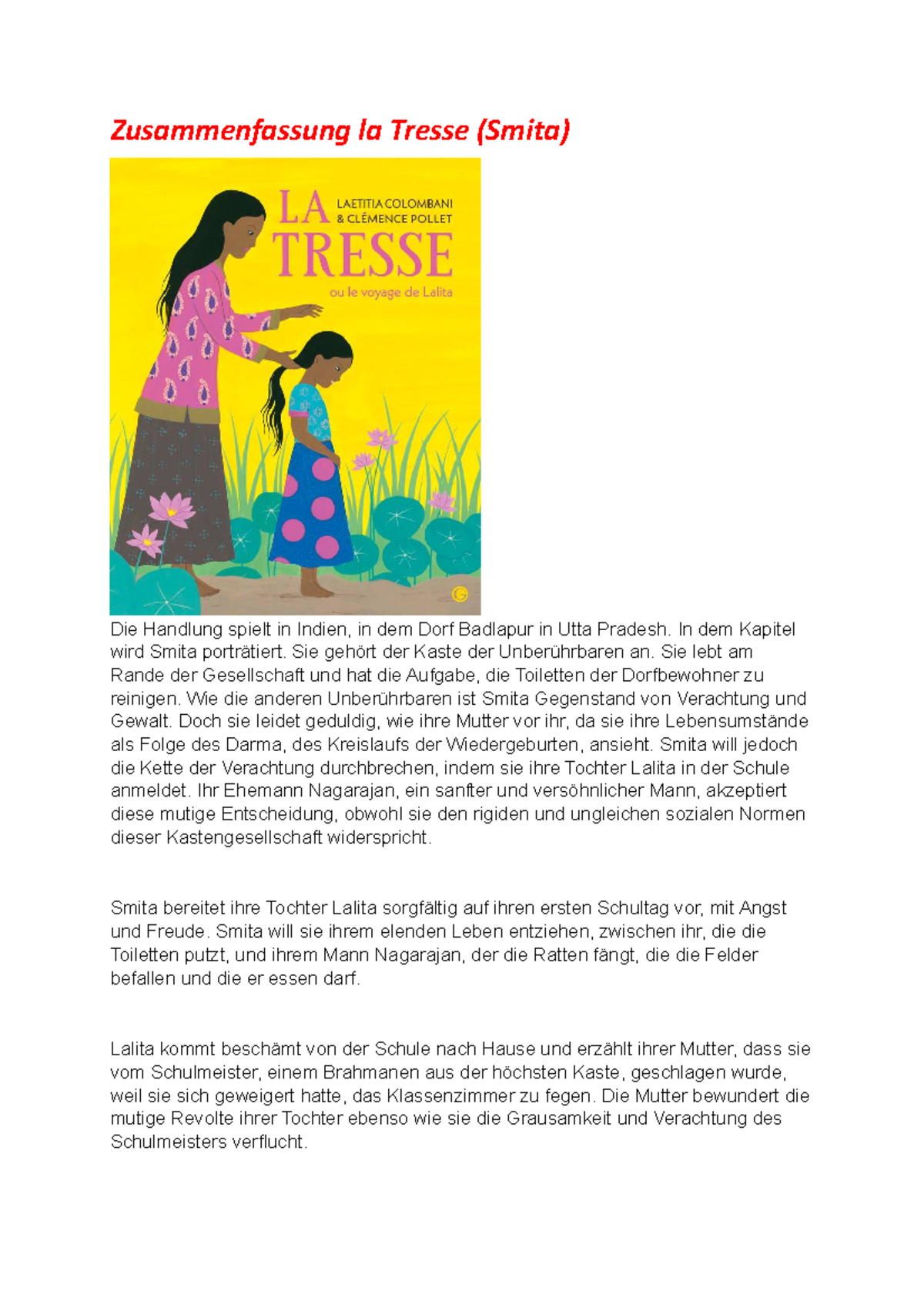 Zusammenfassung la Tresse Smita - In dem Kapitel wird Smita porträtiert ...