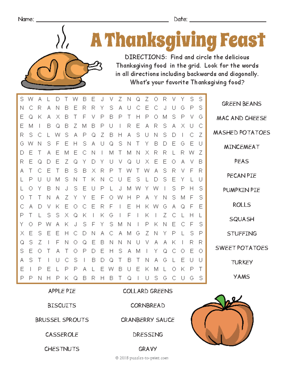 Thanksgiving Foods Word Search Puzzle - © 2018 puzzles-to-print APPLE ...