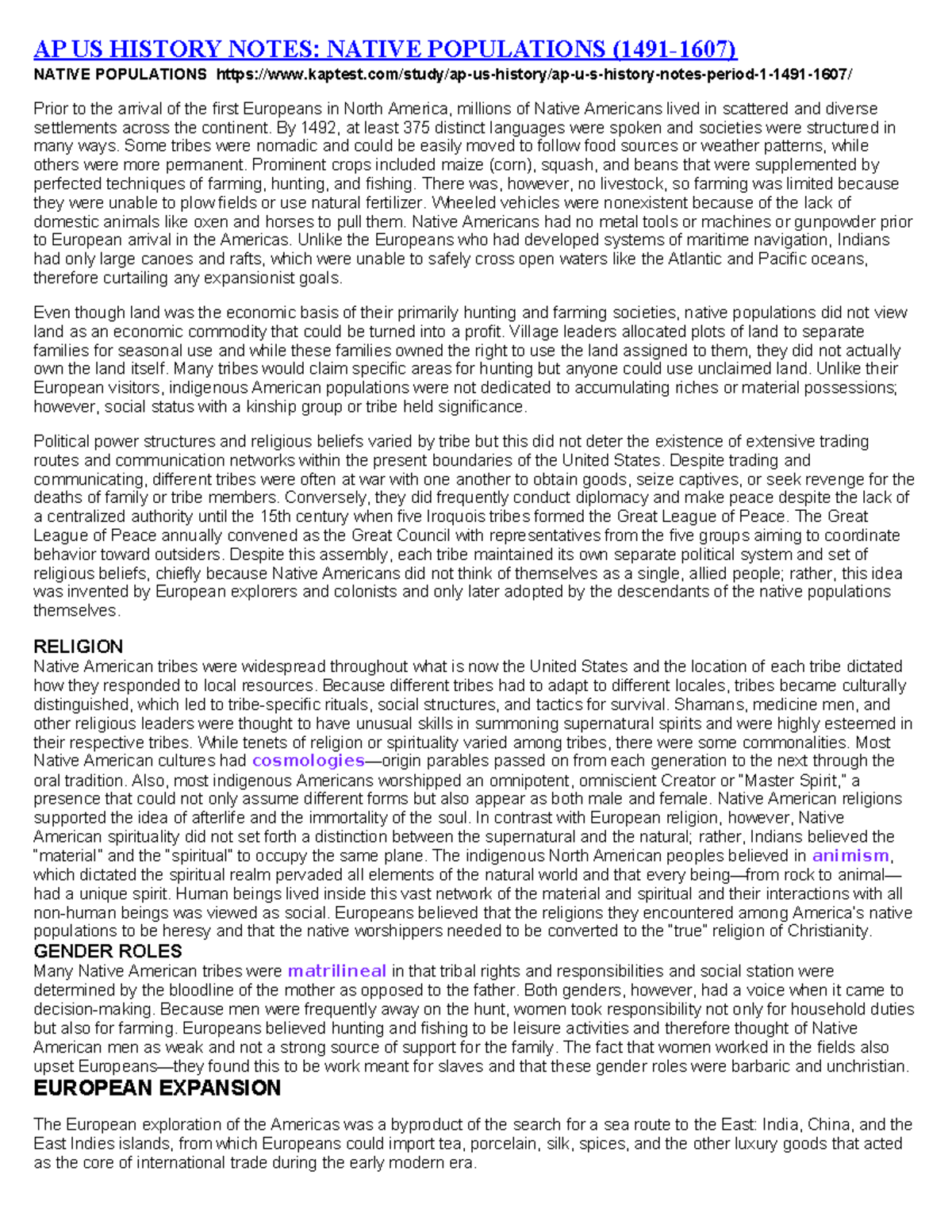 Period 1 Apush Notes - AP US HISTORY NOTES: NATIVE POPULATIONS (1491 ...
