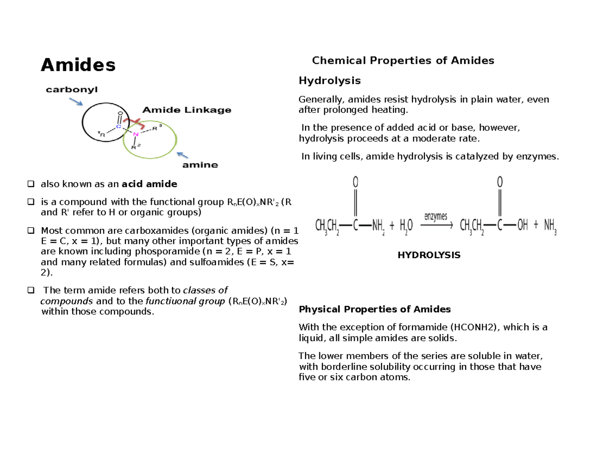 Amide final - Amides also known as an acid amide is a compound with the functional group - Studocu